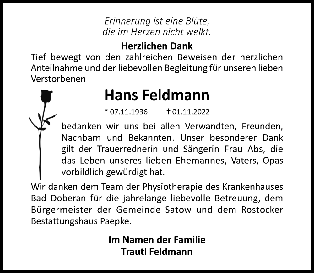Traueranzeigen von Hans Feldmann | trauer-anzeigen.de