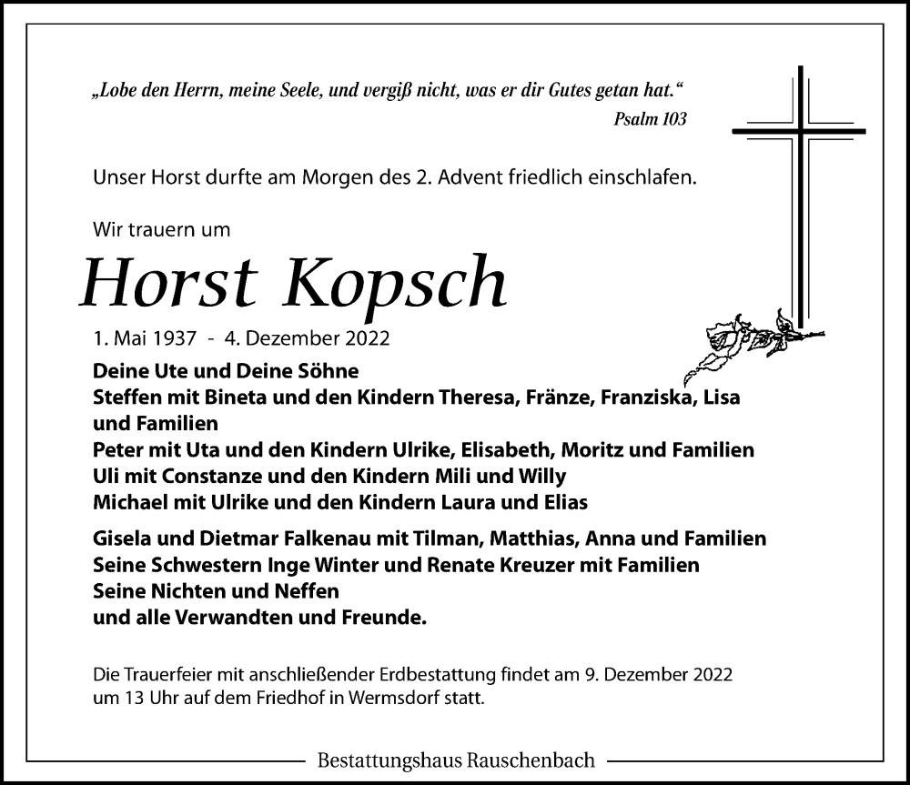 Traueranzeigen von Horst Kopsch | trauer-anzeigen.de