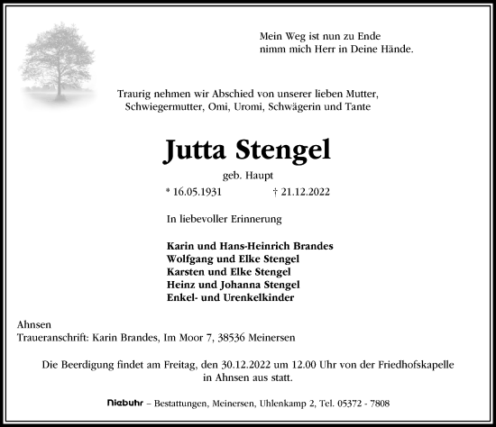 Traueranzeigen von Jutta Stengel | trauer-anzeigen.de
