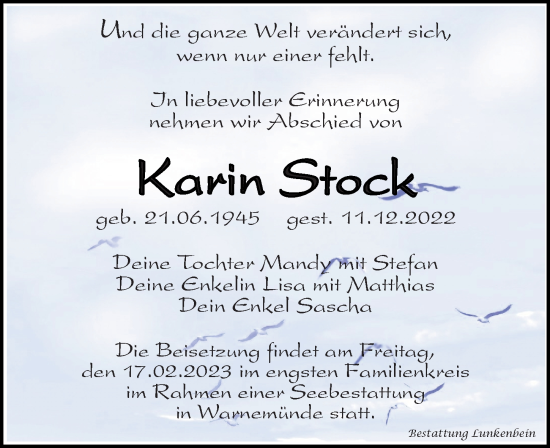 Traueranzeigen von Karin Stock | trauer-anzeigen.de