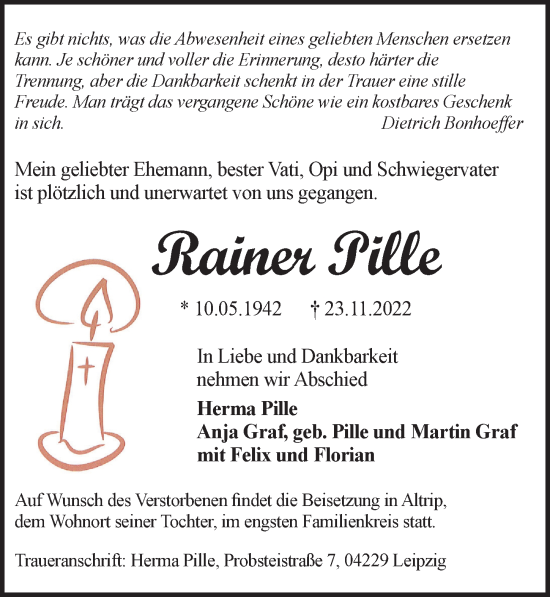 Traueranzeigen von Rainer Pille | trauer-anzeigen.de