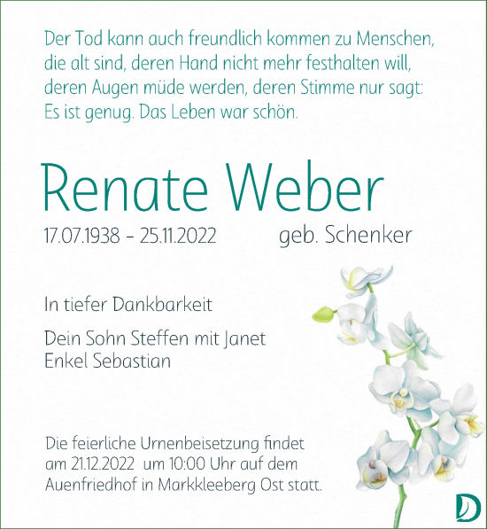 Traueranzeigen von Renate Weber | trauer-anzeigen.de