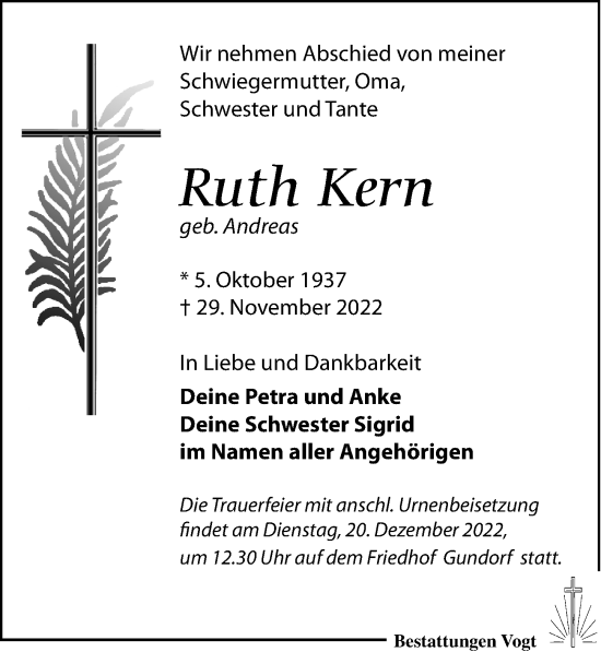 Traueranzeigen von Ruth Kern | trauer-anzeigen.de