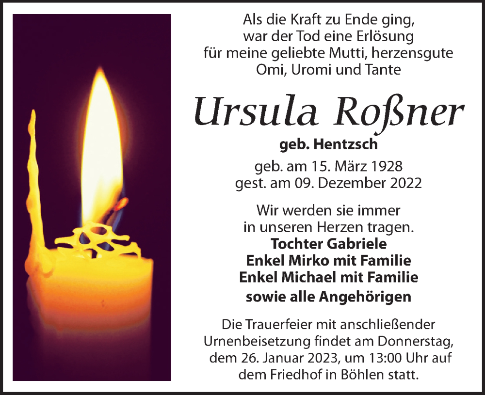 Traueranzeigen von Ursula Roßner | trauer-anzeigen.de