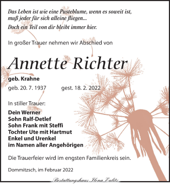 Traueranzeigen von Annette Richter | trauer-anzeigen.de