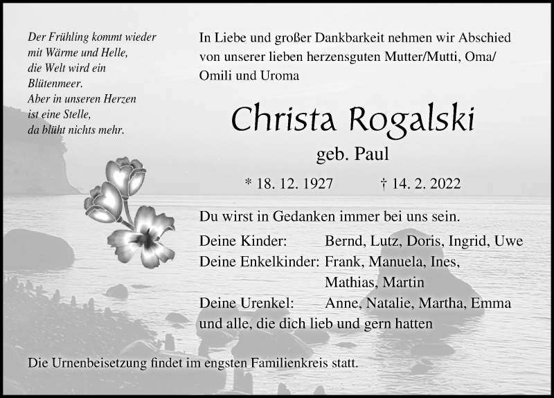 Traueranzeigen von Christa Rogalski | trauer-anzeigen.de