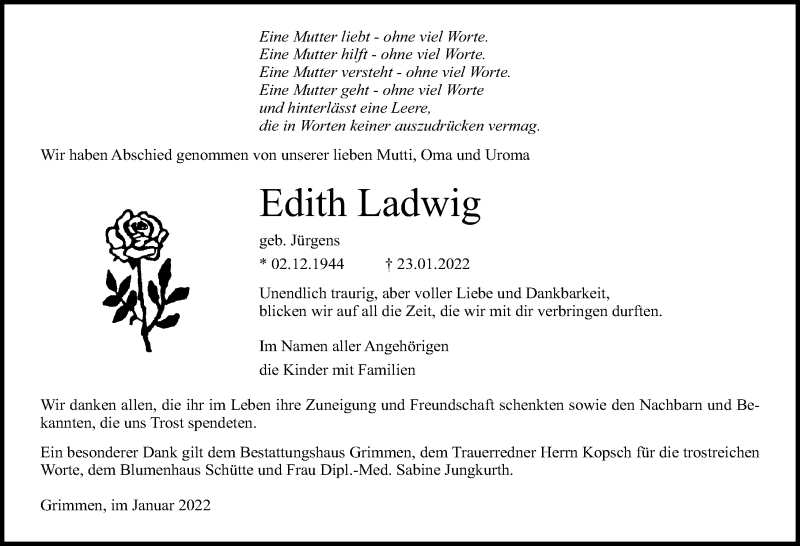 Traueranzeigen von Edith Ladwig | trauer-anzeigen.de