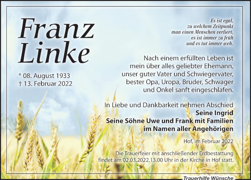 Traueranzeigen von Franz Linke | trauer-anzeigen.de