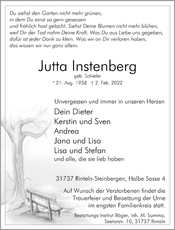 Traueranzeigen von Jutta Instenberg | trauer-anzeigen.de