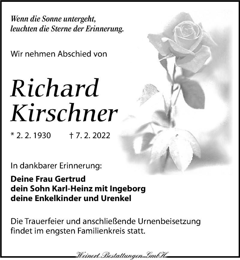 Traueranzeigen von Richard Kirschner | trauer-anzeigen.de