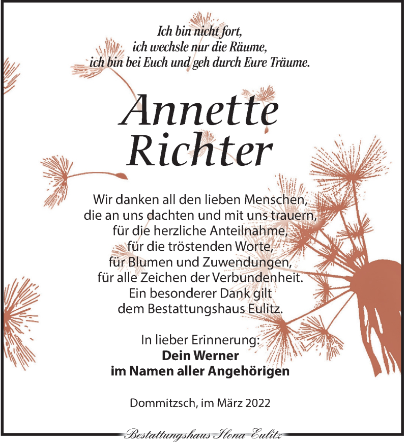Traueranzeigen von Annette Richter | trauer-anzeigen.de
