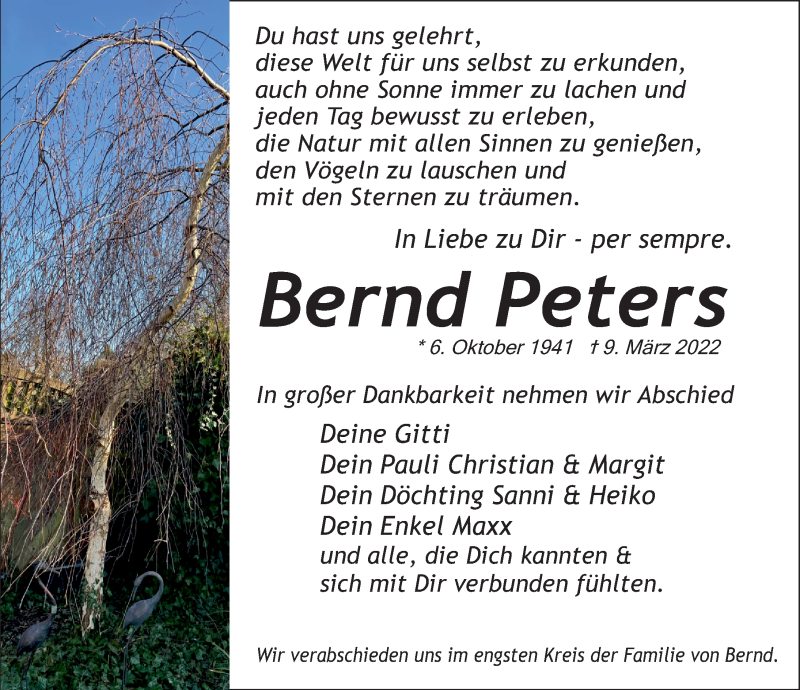 Traueranzeigen von Bernd Peters | trauer-anzeigen.de