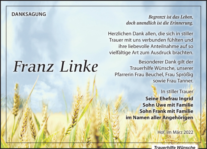Traueranzeigen von Franz Linke | trauer-anzeigen.de