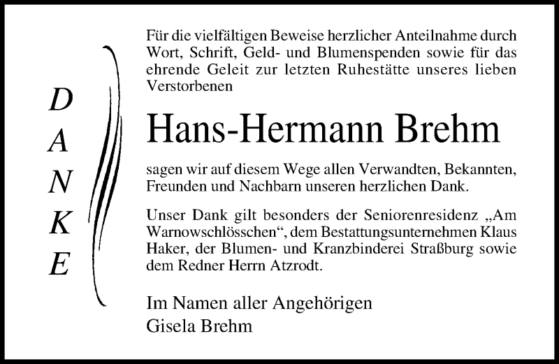 Traueranzeigen von Hans-Hermann Brehm | trauer-anzeigen.de