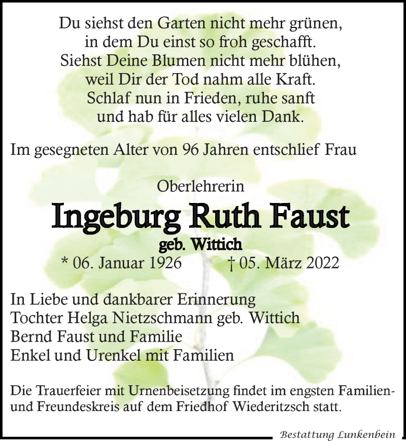 Traueranzeigen von Ingeburg Ruth Faust | trauer-anzeigen.de