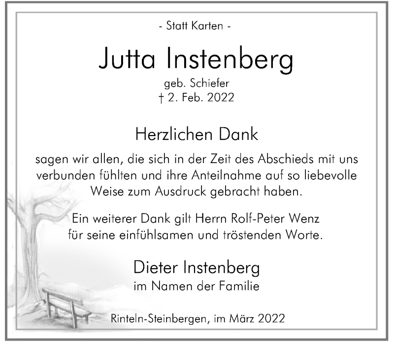 Traueranzeigen von Jutta Instenberg | trauer-anzeigen.de