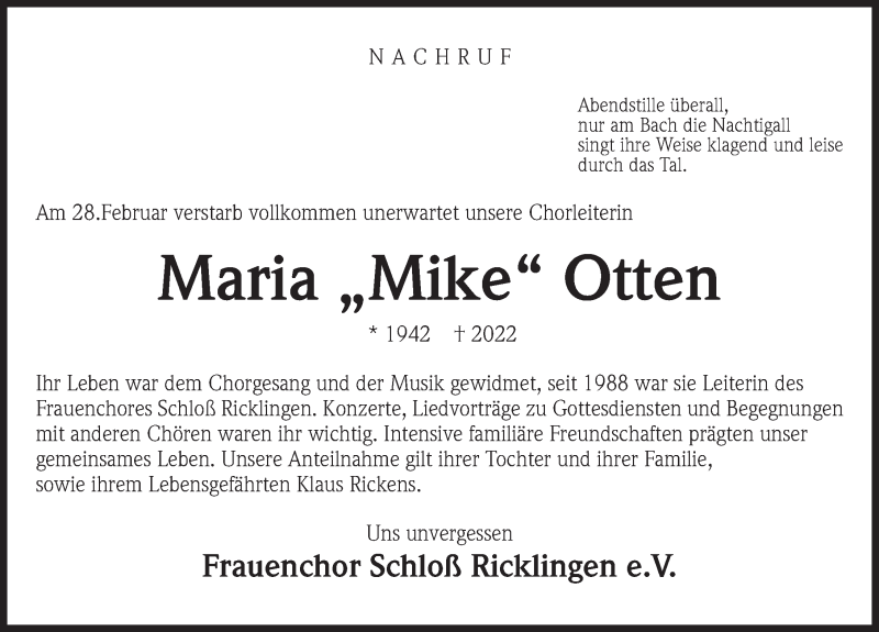 Traueranzeigen von Maria Otten | trauer-anzeigen.de