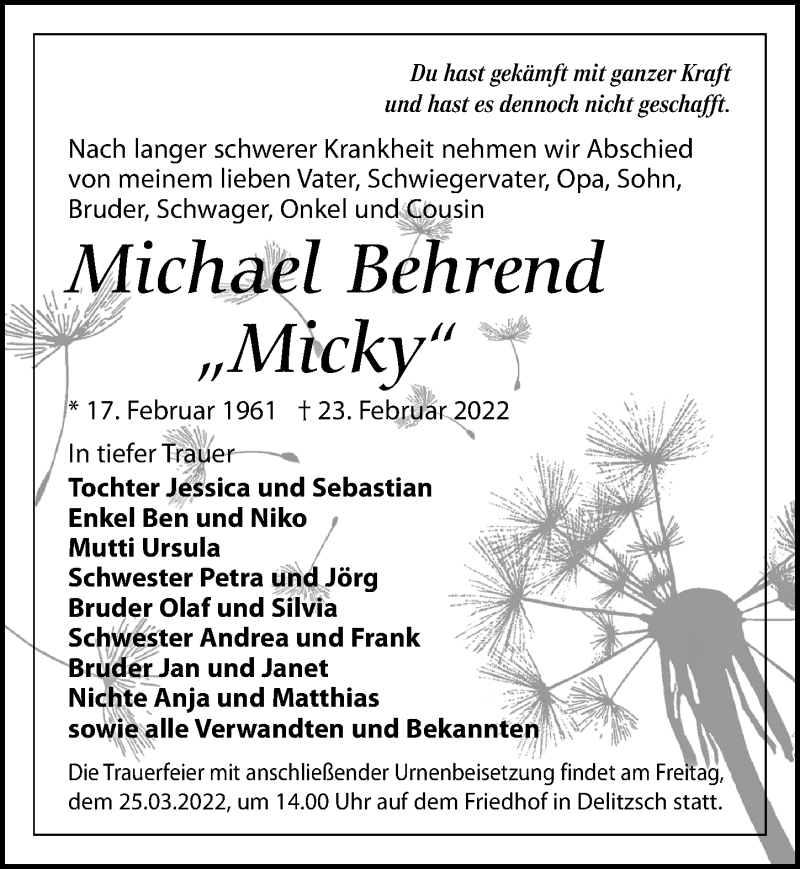 Traueranzeigen von Michael Behrend | trauer-anzeigen.de