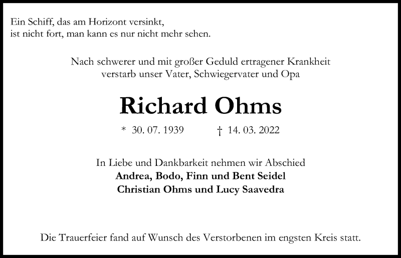 Traueranzeigen von Richard Ohms | trauer-anzeigen.de