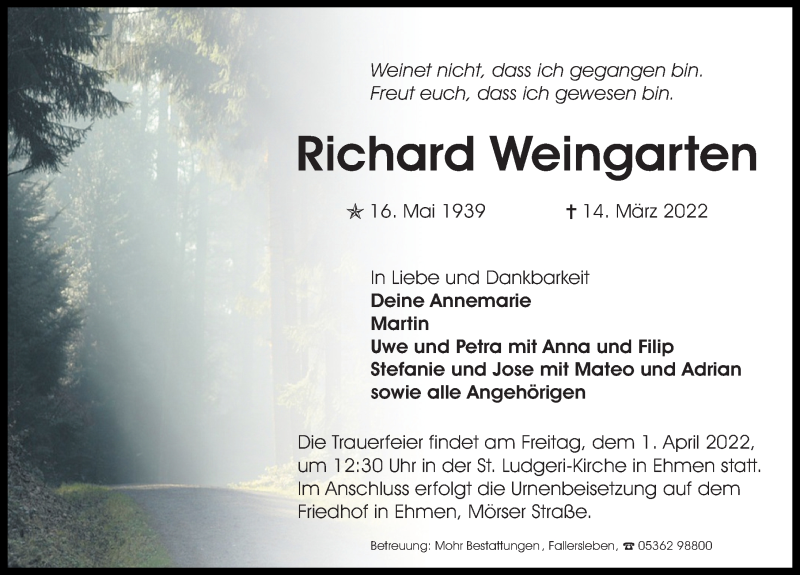 Traueranzeigen von Richard Weingarten | trauer-anzeigen.de