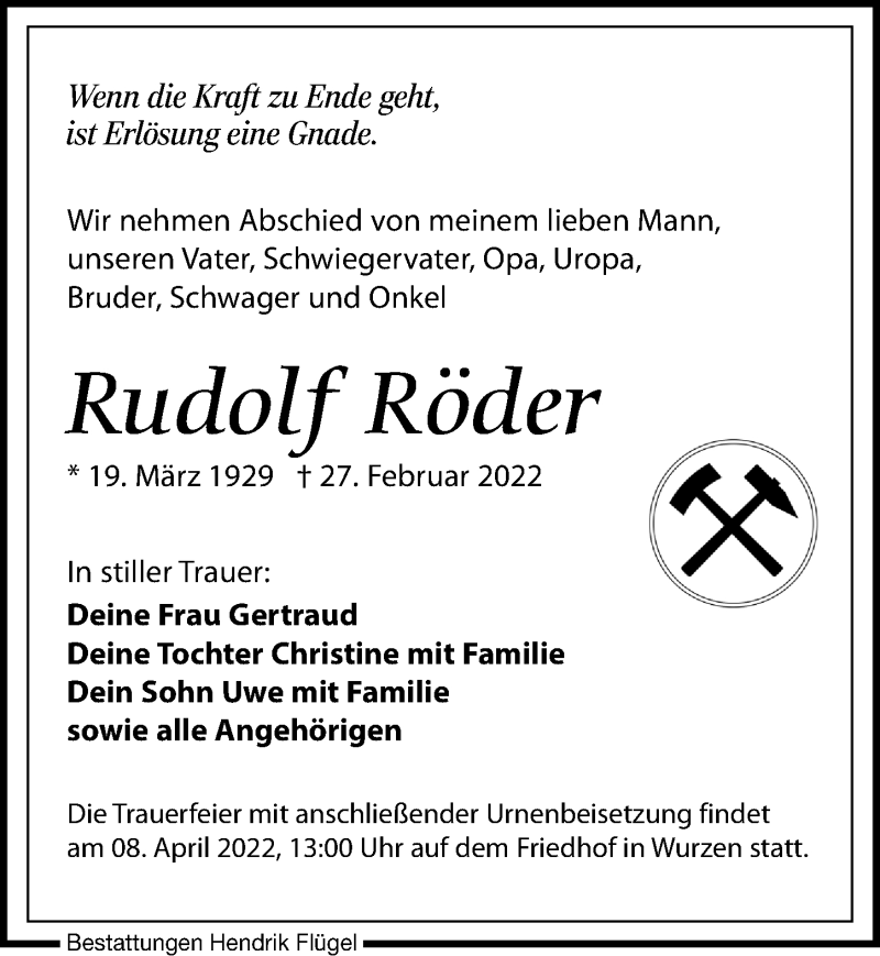 Traueranzeigen von Rudolf Röder | trauer-anzeigen.de