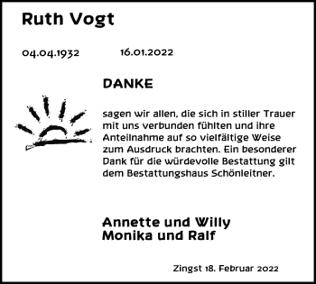 Traueranzeigen von Ruth Vogt | trauer-anzeigen.de