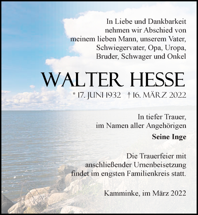 Traueranzeigen von Walter Hesse | trauer-anzeigen.de