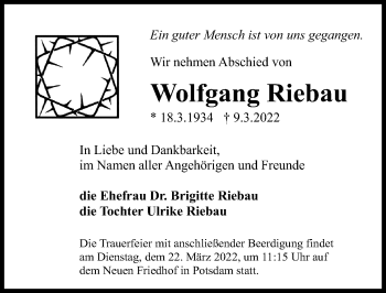 Traueranzeigen von Wolfgang Riebau | trauer-anzeigen.de