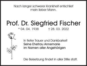 Traueranzeigen von Prof. Dr. Siegfried Fischer | trauer-anzeigen.de