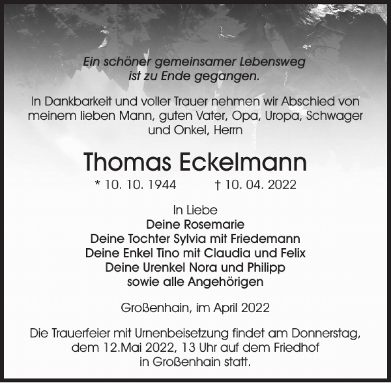 Traueranzeigen von Thomas Eckelmann | trauer-anzeigen.de