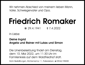 Traueranzeigen von Friedrich Romaker | trauer-anzeigen.de