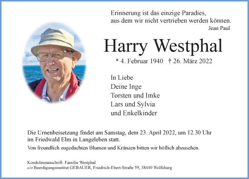 Traueranzeigen von Harry Westphal | trauer-anzeigen.de
