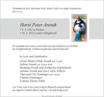 Gedenkkerzen von Horst Peter Arendt | trauer-anzeigen.de