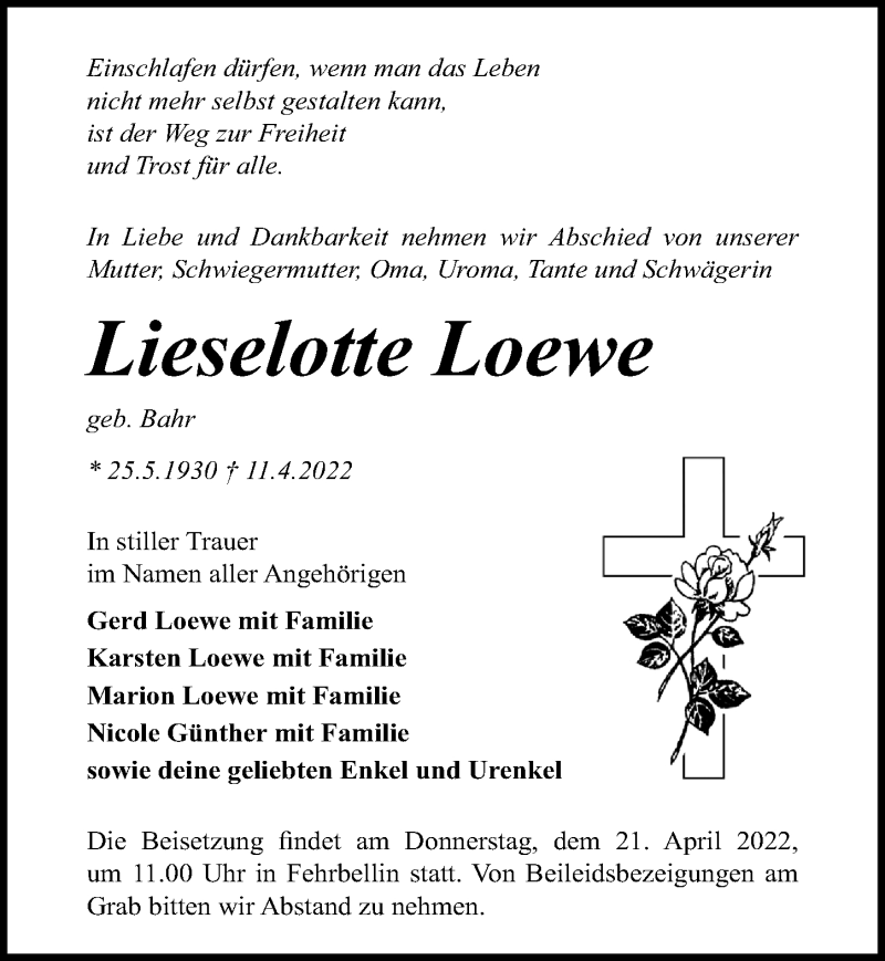 Traueranzeigen von Lieselotte Loewe | trauer-anzeigen.de