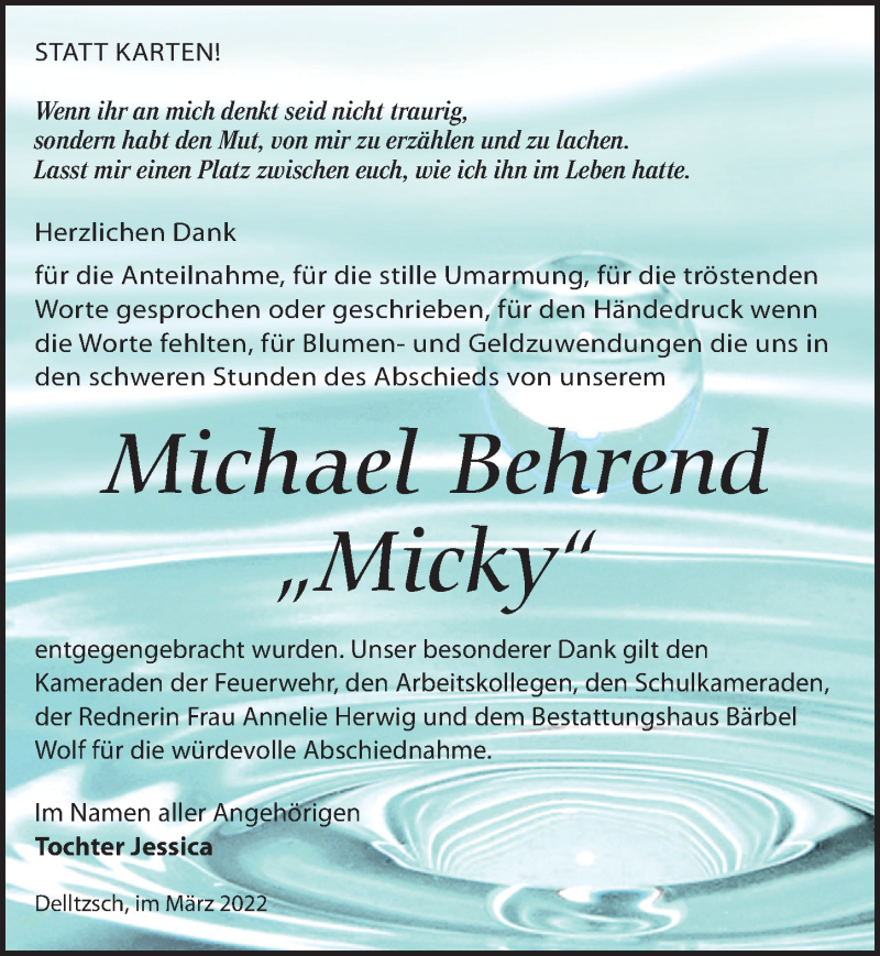 Traueranzeigen von Michael Behrend | trauer-anzeigen.de