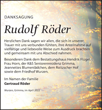 Traueranzeigen von Rudolf Röder | trauer-anzeigen.de