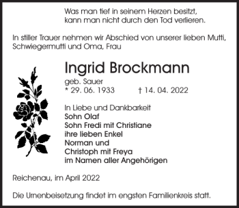 Traueranzeigen von Ingrid Brockmann | trauer-anzeigen.de