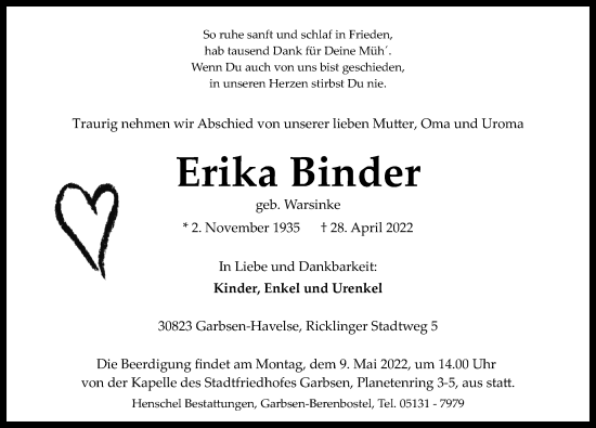 Traueranzeigen von Erika Binder | trauer-anzeigen.de