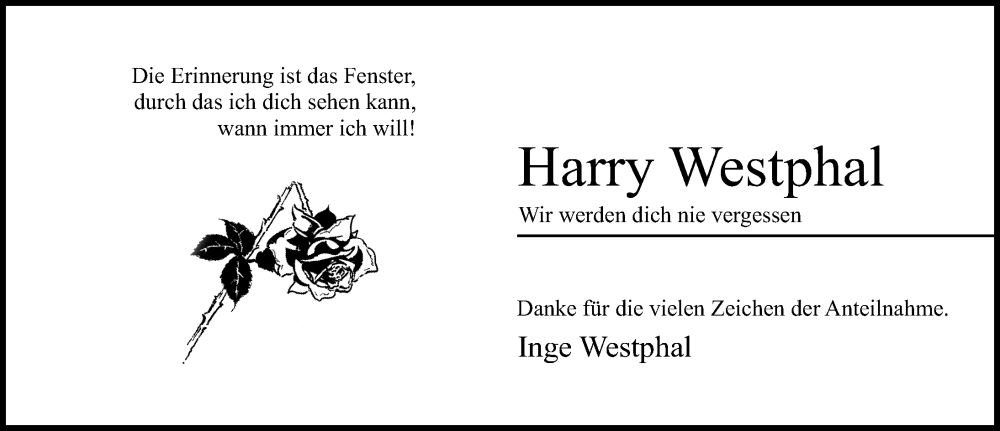 Traueranzeigen von Harry Westphal | trauer-anzeigen.de