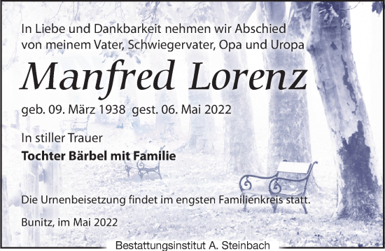 Traueranzeigen von Manfred Lorenz | trauer-anzeigen.de
