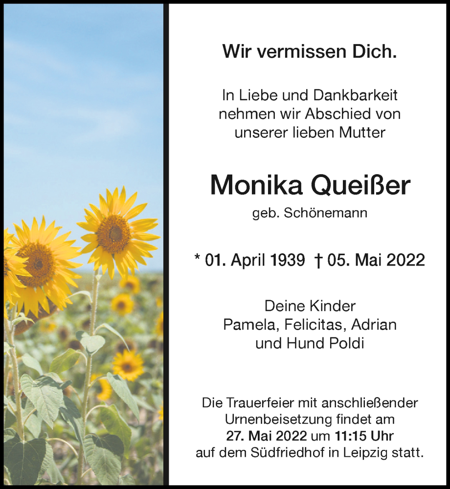 Traueranzeigen von Monika Queißer | trauer-anzeigen.de