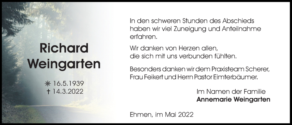 Traueranzeigen von Richard Weingarten | trauer-anzeigen.de
