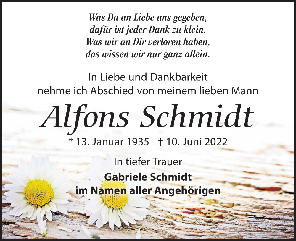 Traueranzeigen von Alfons Schmidt | trauer-anzeigen.de