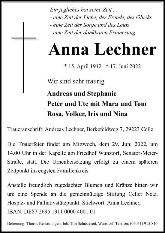 Traueranzeigen von Anna Lechner | trauer-anzeigen.de