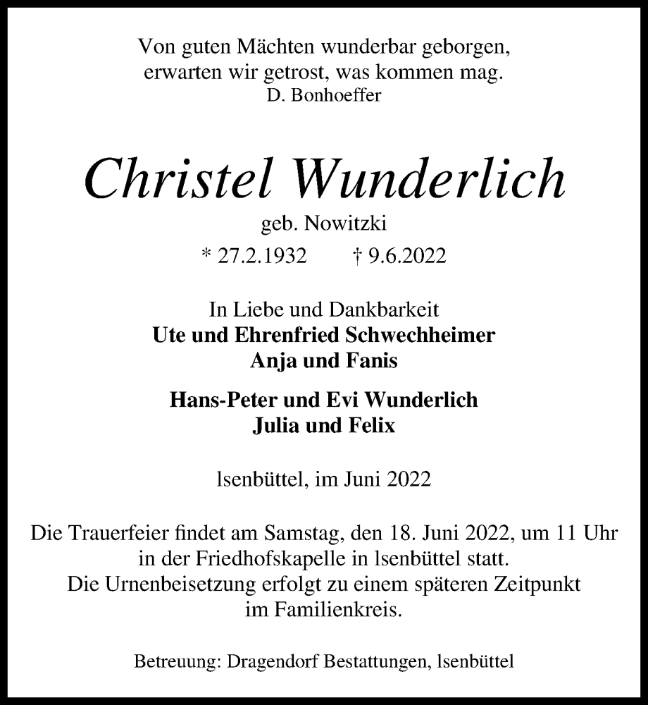 Traueranzeigen von Christel Wunderlich | trauer-anzeigen.de