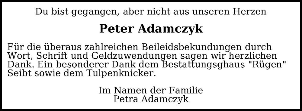 Traueranzeigen von Peter Adamczyk | trauer-anzeigen.de