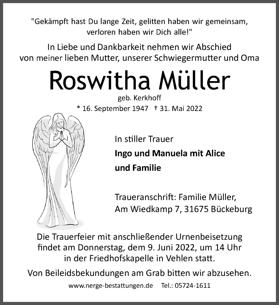 Traueranzeigen von Roswitha Müller | trauer-anzeigen.de