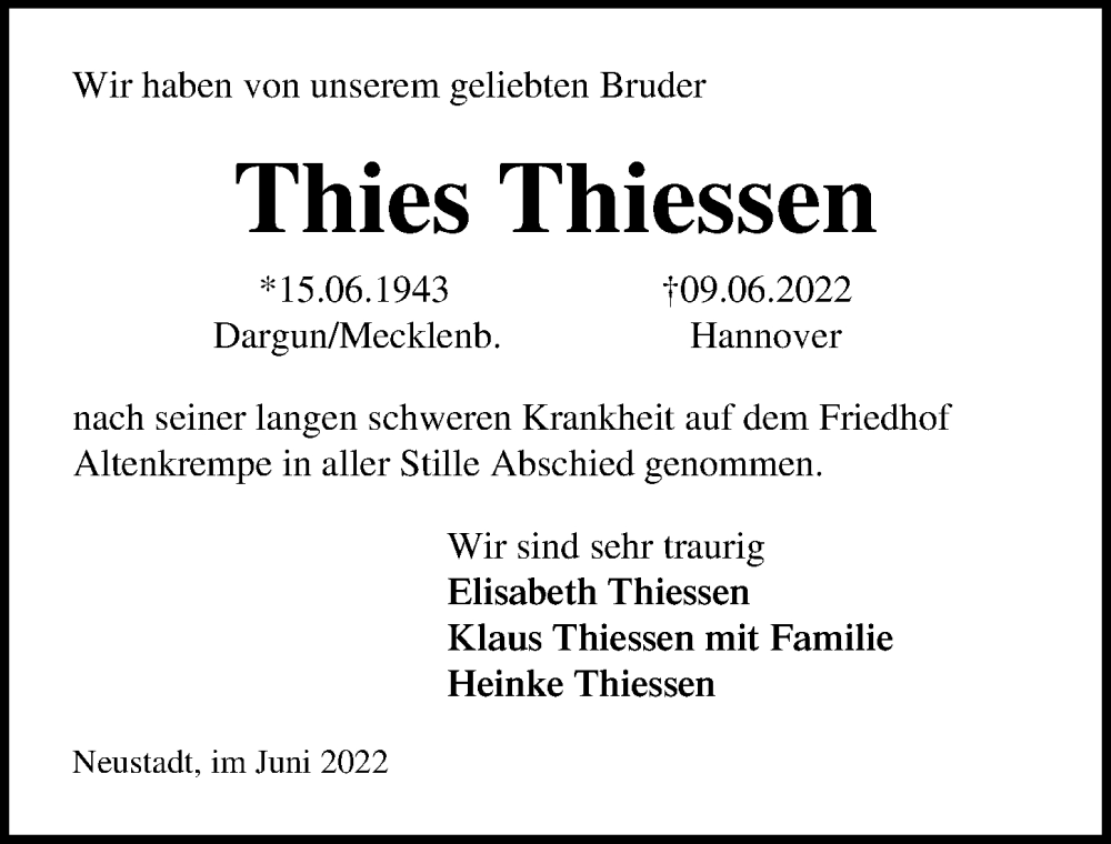 Traueranzeigen von Thies Thiessen | trauer-anzeigen.de