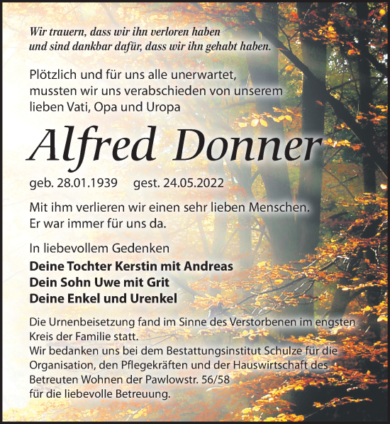 Traueranzeigen von Alfred Donner | trauer-anzeigen.de
