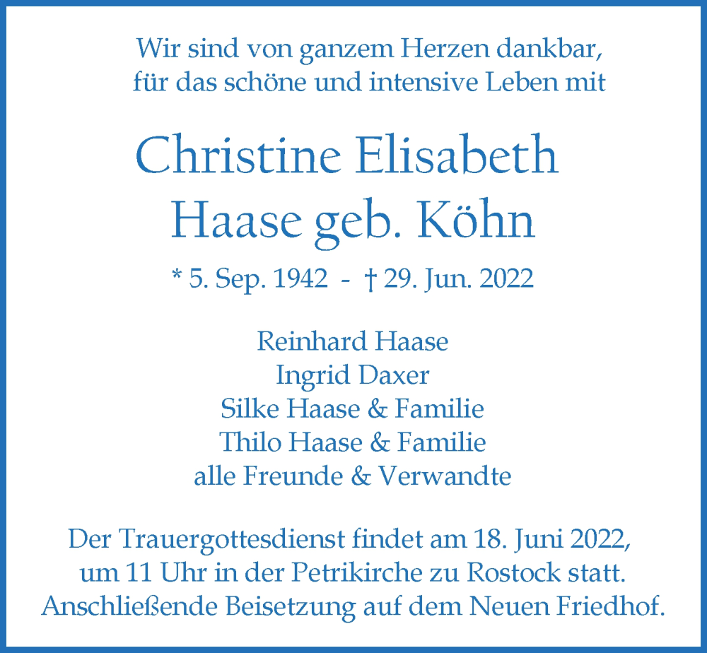 Traueranzeigen von Christine Elisabeth Haase | trauer-anzeigen.de